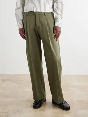 Nn07 Wide-leg Pleated Organic Cotton-blend Twill Trousers - Green