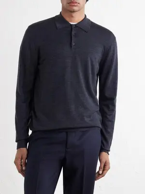 Sunspel Merino Wool Long Sleeve Polo - Gray