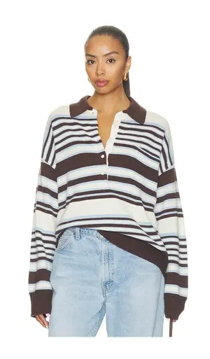 Good American The Oversized Rugby Sweater In Chocolate - Mocha Stripe