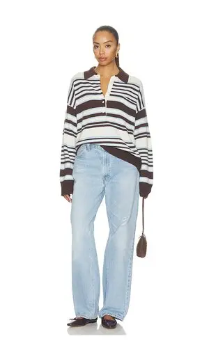 Good American The Oversized Rugby Sweater In Chocolate - Mocha Stripe