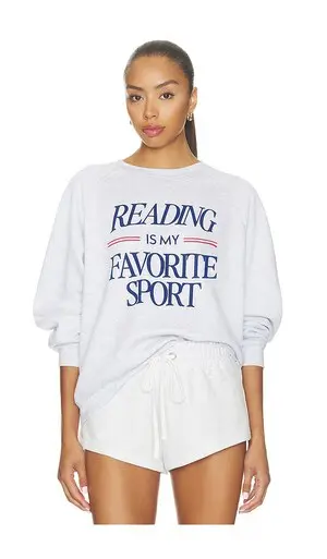 SUNNY SOMEWHERE Reading Is My Favorite Sport Raglan Crew Sweater In Grey