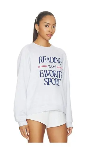 SUNNY SOMEWHERE Reading Is My Favorite Sport Raglan Crew Sweater In Grey