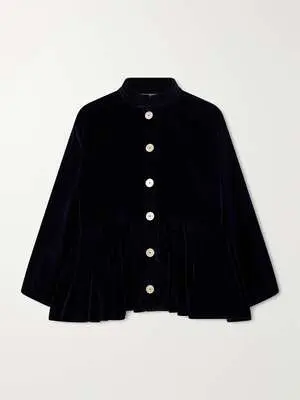 LES VACANCES D'IRINA Gathered Cotton-velvet Blouse - Navy