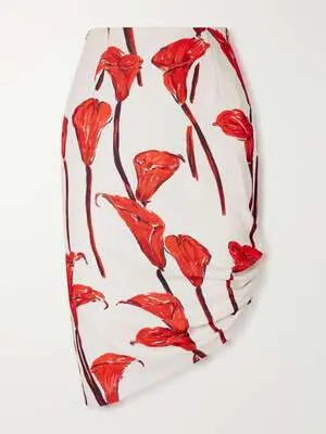 Carolina Herrera Asymmetrical Floral-print Cady Midi Skirt - Red