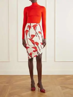 Carolina Herrera Asymmetrical Floral-print Cady Midi Skirt