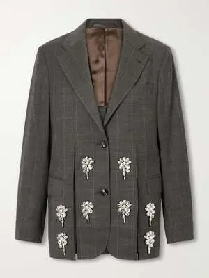 Simone Rocha Embellished Prince Of Wales Stretch-wool Blazer