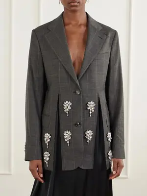 Simone Rocha Embellished Prince Of Wales Stretch-wool Blazer - Gray