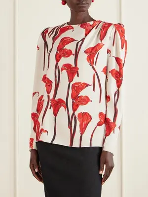 Carolina Herrera Floral Print Cady Blouse - Red