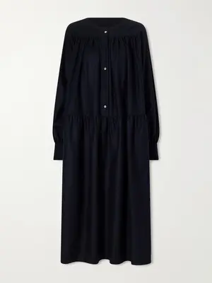 LES VACANCES D’IRINA Les Vacances D'irina Calla Gathered Wool-flannel Maxi Dress - Blue