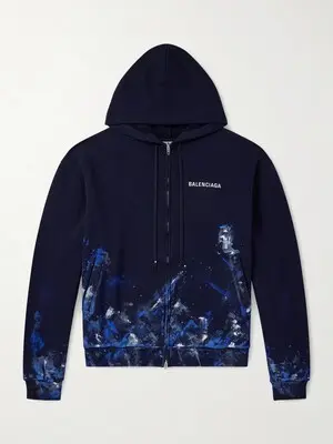 Balenciaga Logo-embroidered Paint-splattered Cotton-jersey Zip-up Hoodie - Blue