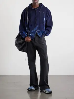 Balenciaga Logo-embroidered Paint-splattered Cotton-jersey Zip-up Hoodie - Blue