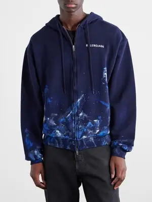 Balenciaga Logo-embroidered Paint-splattered Cotton-jersey Zip-up Hoodie - Blue