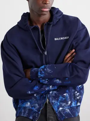 Balenciaga Logo-embroidered Paint-splattered Cotton-jersey Zip-up Hoodie - Blue