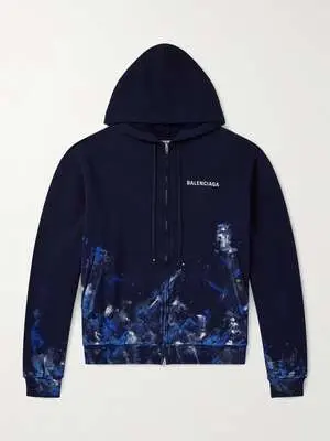 Balenciaga Logo-embroidered Paint-splattered Cotton-jersey Zip-up Hoodie - Navy