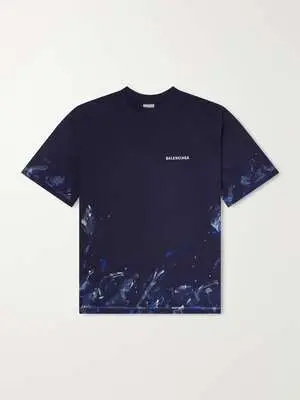 Balenciaga Logo-embroidered Paint-splattered Cotton-jersey T-shirt - Blue