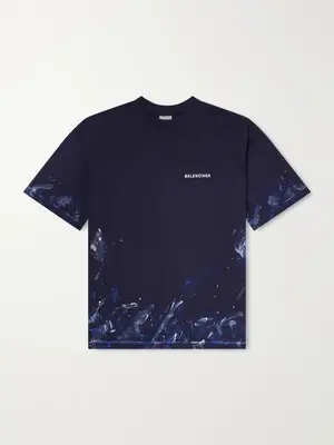 Balenciaga Logo-embroidered Paint-splattered Cotton-jersey T-shirt - Blue