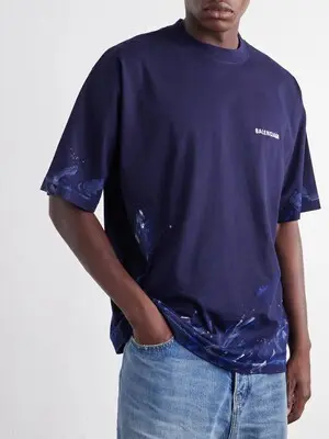 Balenciaga Logo-embroidered Paint-splattered Cotton-jersey T-shirt