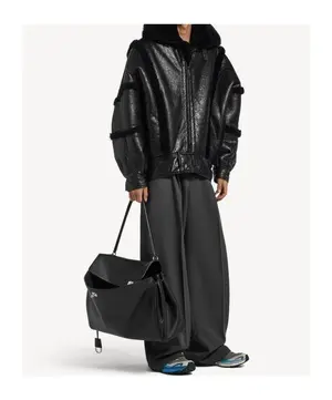 Balenciaga High Collar Leather Jacket With Shearling Details And Lining