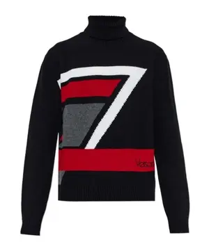 Versace Wool Intarsia Knit Turtleneck Sweater - Black