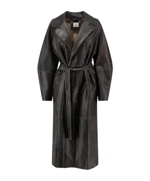 ALYSI Belted Long Leather Trench Coat - Black