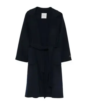 ERMANNO FIRENZE Belted Coat With Notched Lapels - Navy Blue