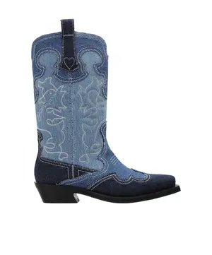 GANNI Embroidered Denim Boots - Blue