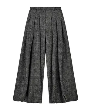 Emporio Armani Pleated Wide-leg Trousers In A Washed Virgin Wool Check - Grey