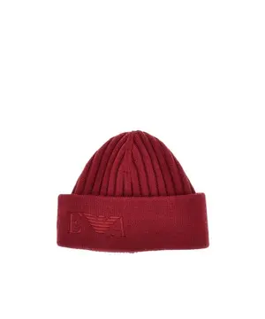 Emporio Armani Ribbed Virgin Wool Beanie With A Folded Cuff And Embroidery