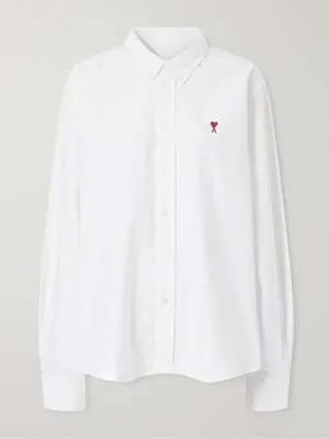 AMI Paris Adc Embroidered Cotton Oxford Shirt - White
