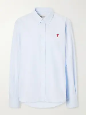 AMI Paris Embroidered Cotton Oxford Shirt - Blue