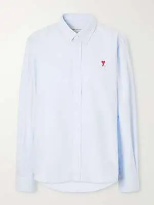 AMI Paris Adc Embroidered Cotton Oxford Shirt - Light Blue