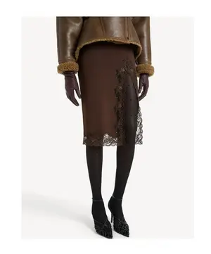 Balmain Knit Midi Skirt With Lace Trim - Brown
