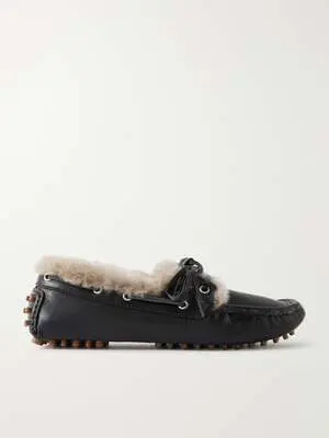 Brunello Cucinelli Bead-embellished Shearling-lined Leather Boat Shoes - Black