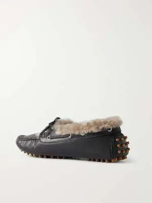 Brunello Cucinelli Bead-embellished Shearling-lined Leather Boat Shoes