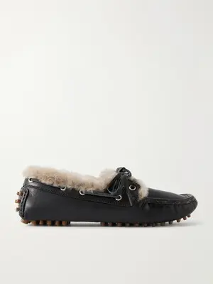 Brunello Cucinelli Bead-embellished Shearling-lined Leather Boat Shoes - Black