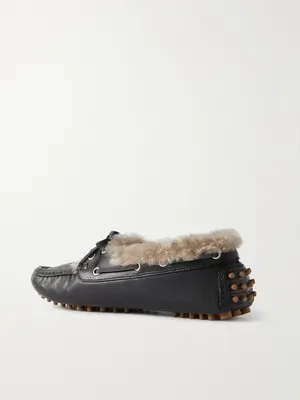 Brunello Cucinelli Bead-embellished Shearling-lined Leather Boat Shoes - Black