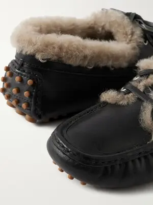 Brunello Cucinelli Bead-embellished Shearling-lined Leather Boat Shoes - Black