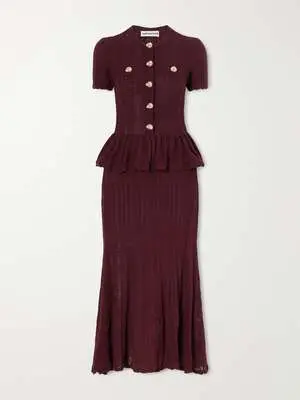 SELF-PORTRAIT Button-embellished Peplum Cotton Midi Dress