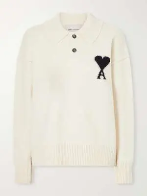 AMI Paris Intarsia Wool Polo Sweater - Cream