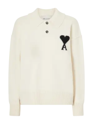 AMI Paris Intarsia Wool Polo Sweater - White
