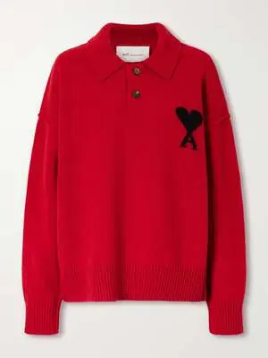 AMI Paris Virgin Wool-intarsia Polo Sweater - Red