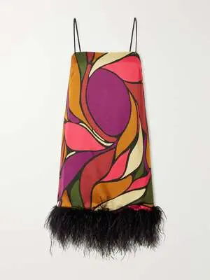 CALA DE LA CRUZ Feather-embellished Printed Satin Dress