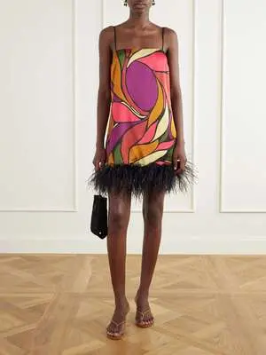CALA DE LA CRUZ Feather-embellished Printed Satin Dress
