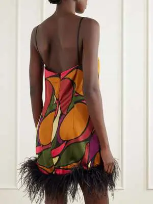CALA DE LA CRUZ Feather-embellished Printed Satin Dress