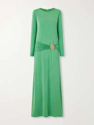 CALA DE LA CRUZ Embellished Gathered Stretch-jersey Maxi Dress