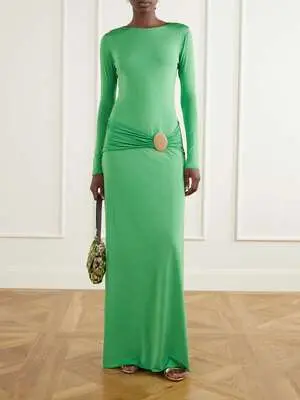 CALA DE LA CRUZ Embellished Gathered Stretch-jersey Maxi Dress