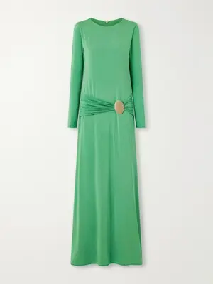 CALA DE LA CRUZ Embellished Gathered Stretch-jersey Maxi Dress - Green