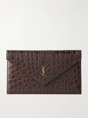 Saint Laurent Logo Detailed Croc-effect Leather Clutch - Brown