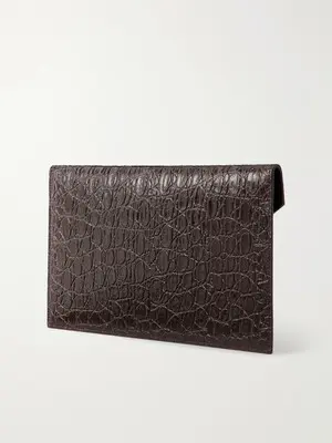 Saint Laurent Logo Detailed Croc-effect Leather Clutch - Brown