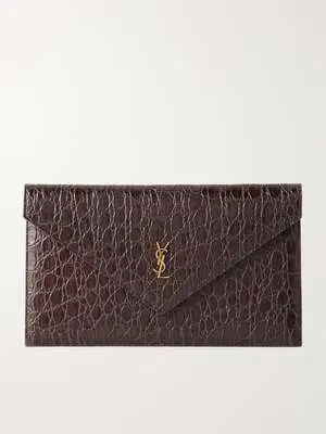 Saint Laurent Paris Logo-detailed Croc-effect Leather Clutch